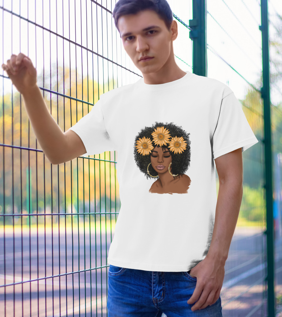 Afro Woman With Sunflowers And Hoop Earrings T-Shirt