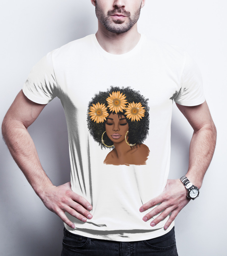 Afro Woman With Sunflowers And Hoop Earrings T-Shirt