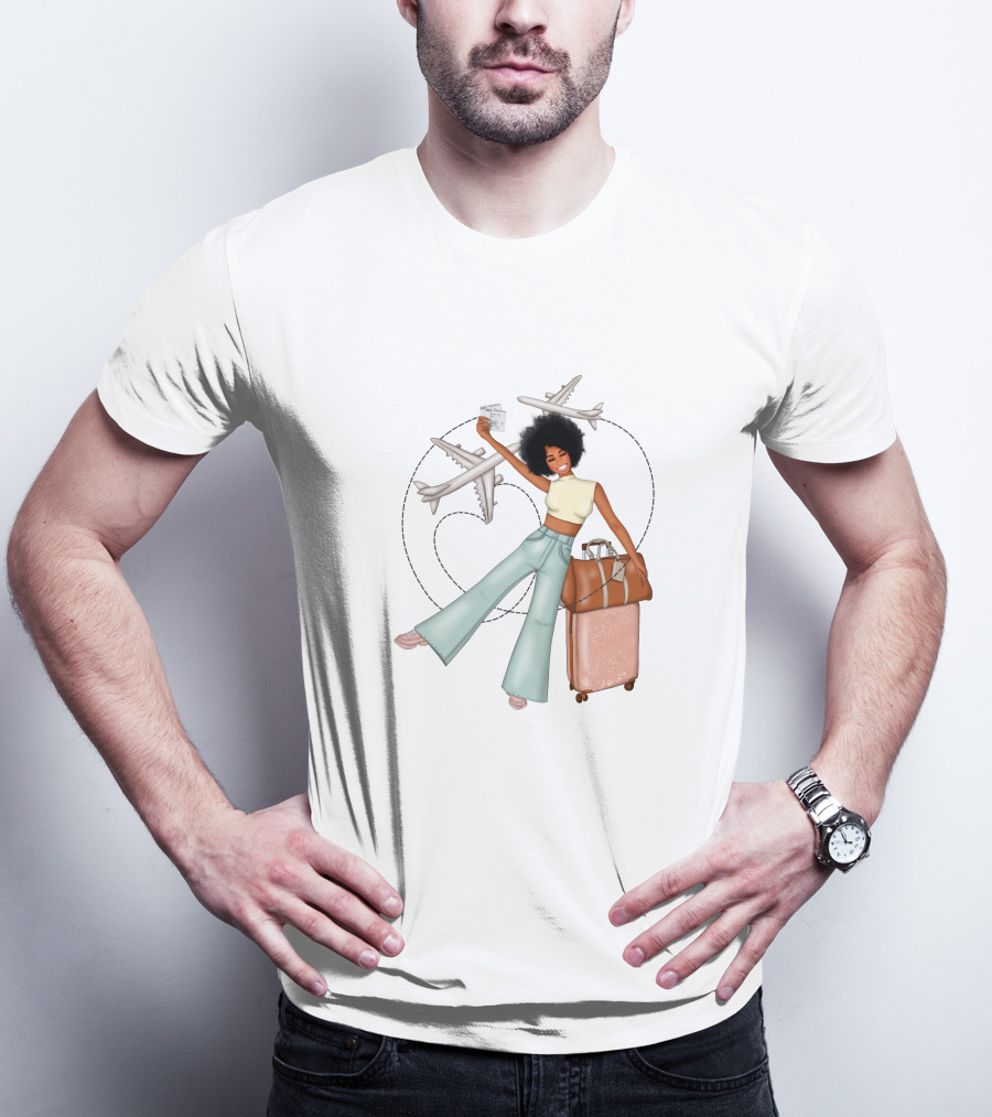 Traveling African American Girl With Suitcase And Airplanes T-Shirt