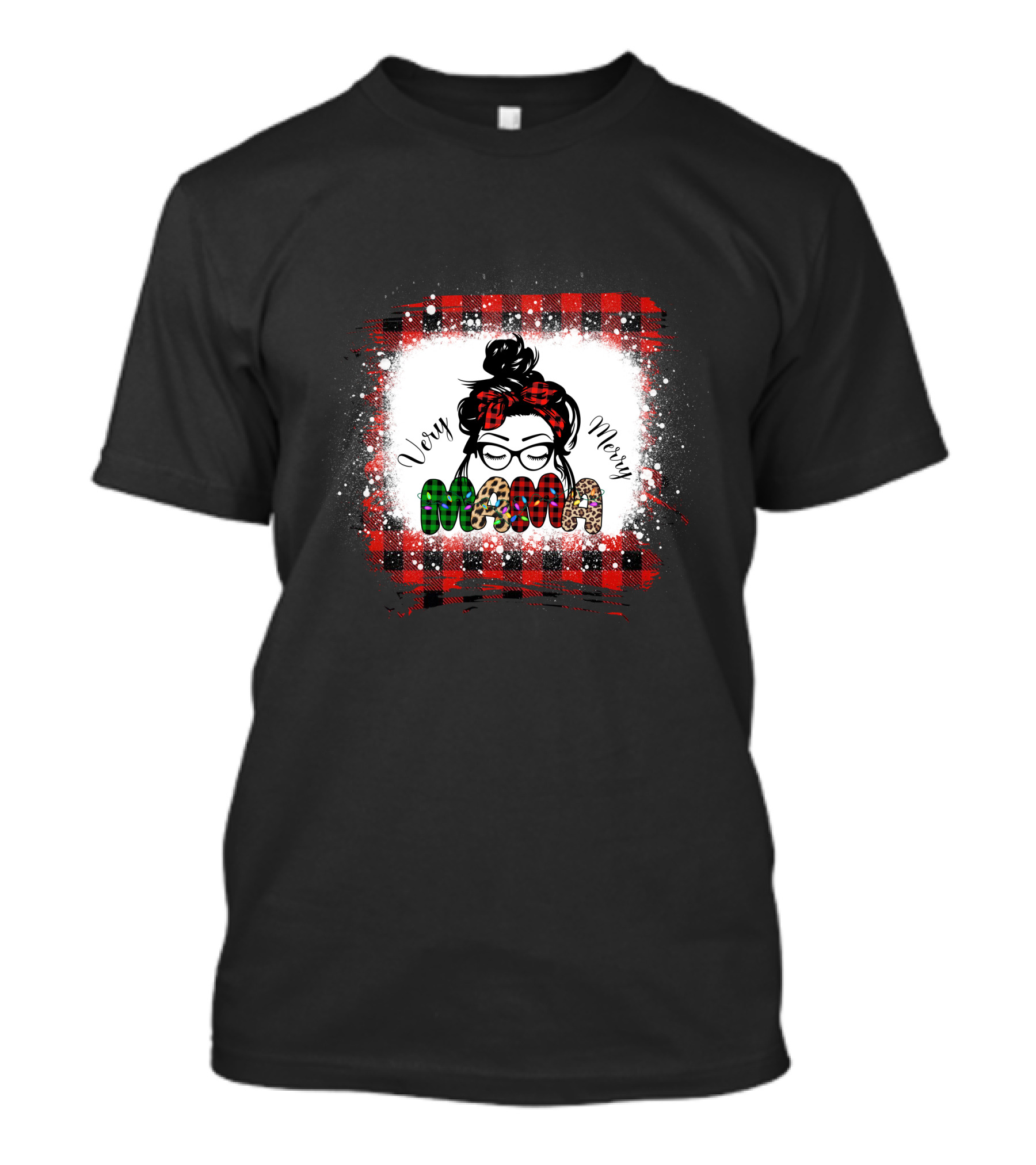 Very Merry Mama Christmas Plaid Bun Glasses T-Shirt