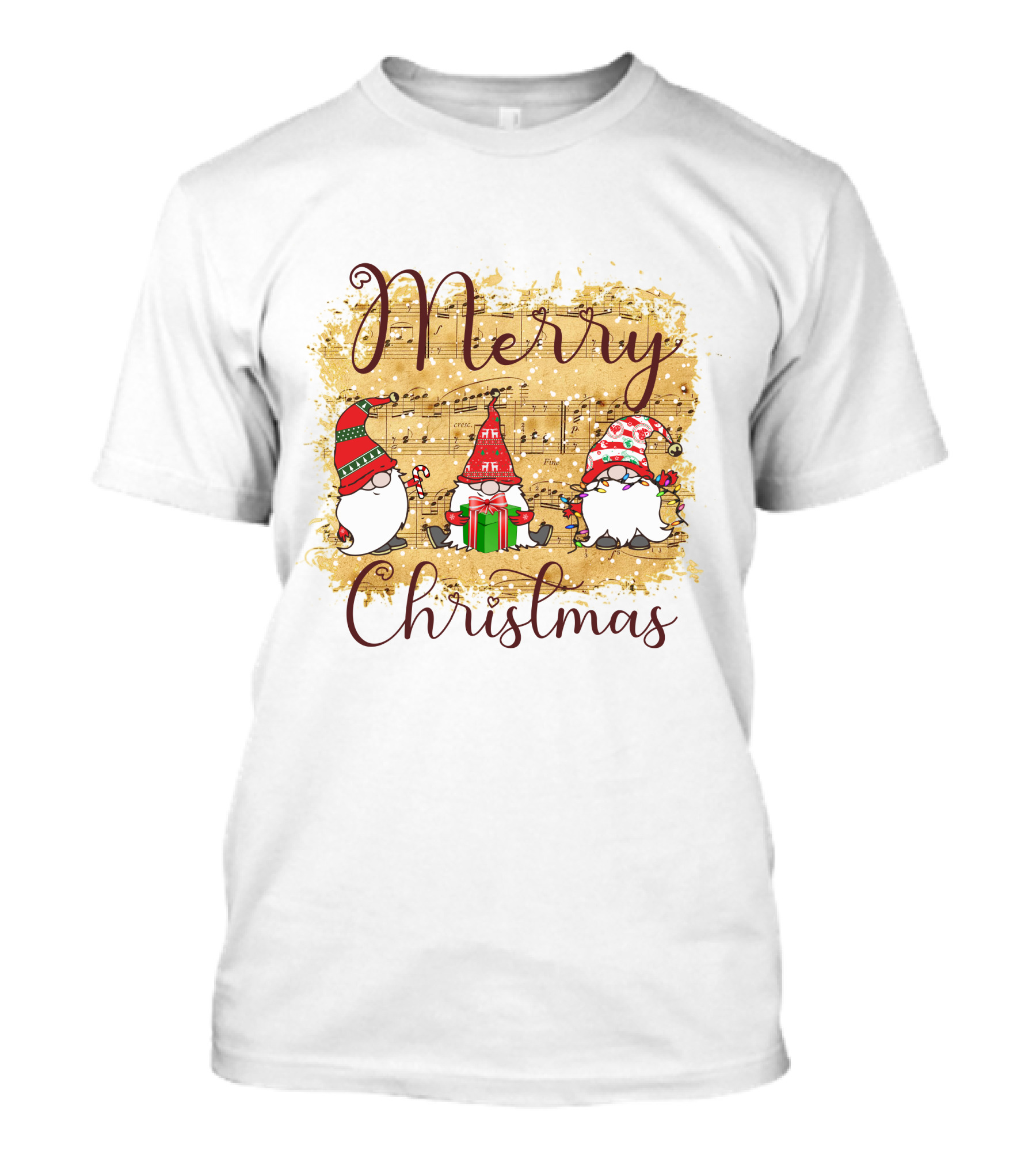 Merry Christmas Gnomies Holiday Music Sheet And Festive Gnomes T-Shirt