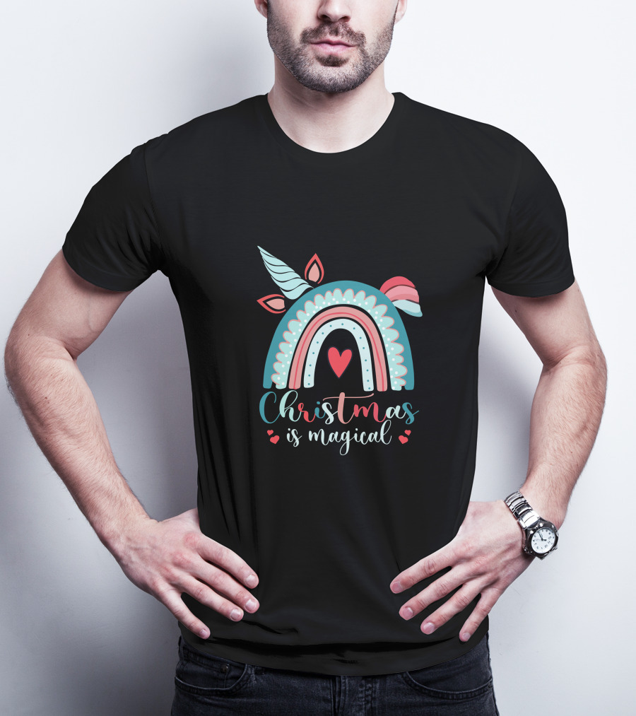 Christmas Is Magical Unicorn Rainbow Heart T-Shirt