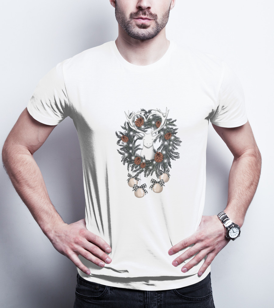 Christmas Wreath With Deer And Pine Cones T-Shirt