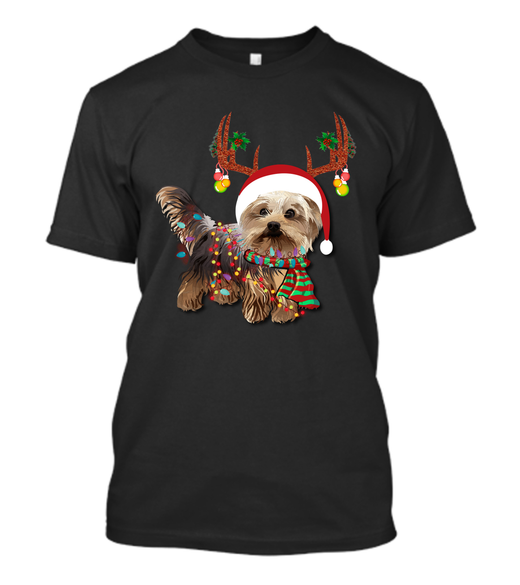 Christmas Cute Dog With Santa Hat And Reindeer Antlers T-Shirt