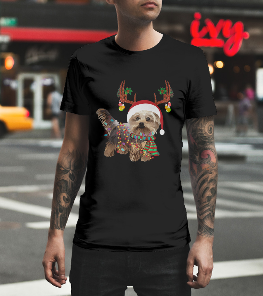 Christmas Cute Dog With Santa Hat And Reindeer Antlers T-Shirt