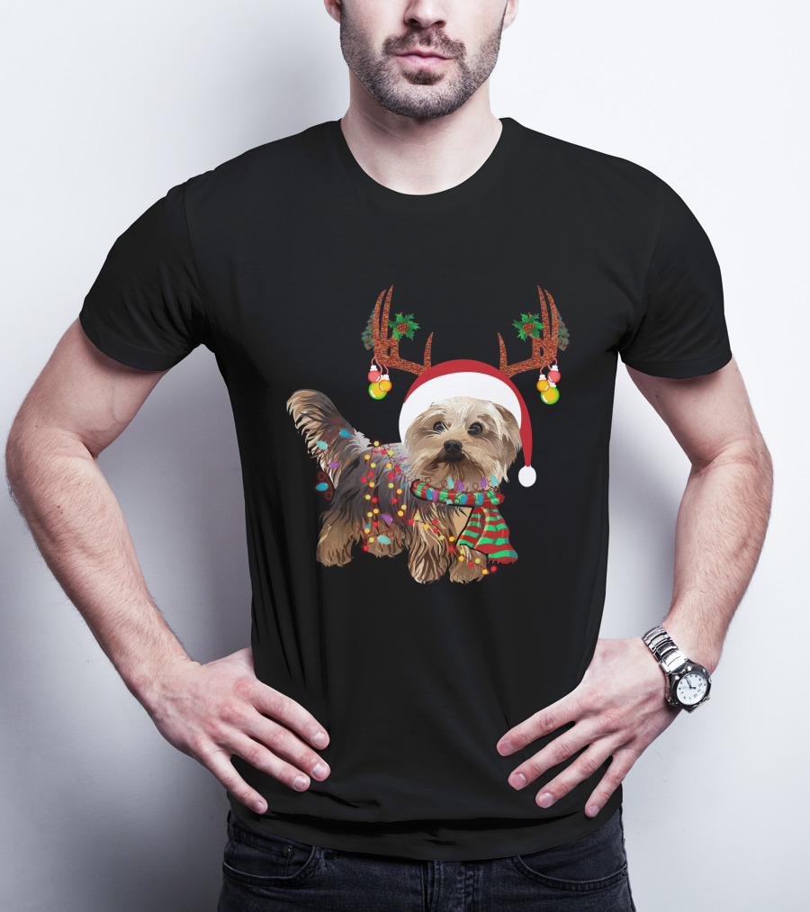 Christmas Cute Dog With Santa Hat And Reindeer Antlers T-Shirt