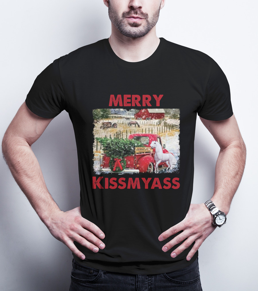 Merry Kissmyass Vintage Truck Christmas Scene With Horse In Snowy Farm Landscape T-Shirt