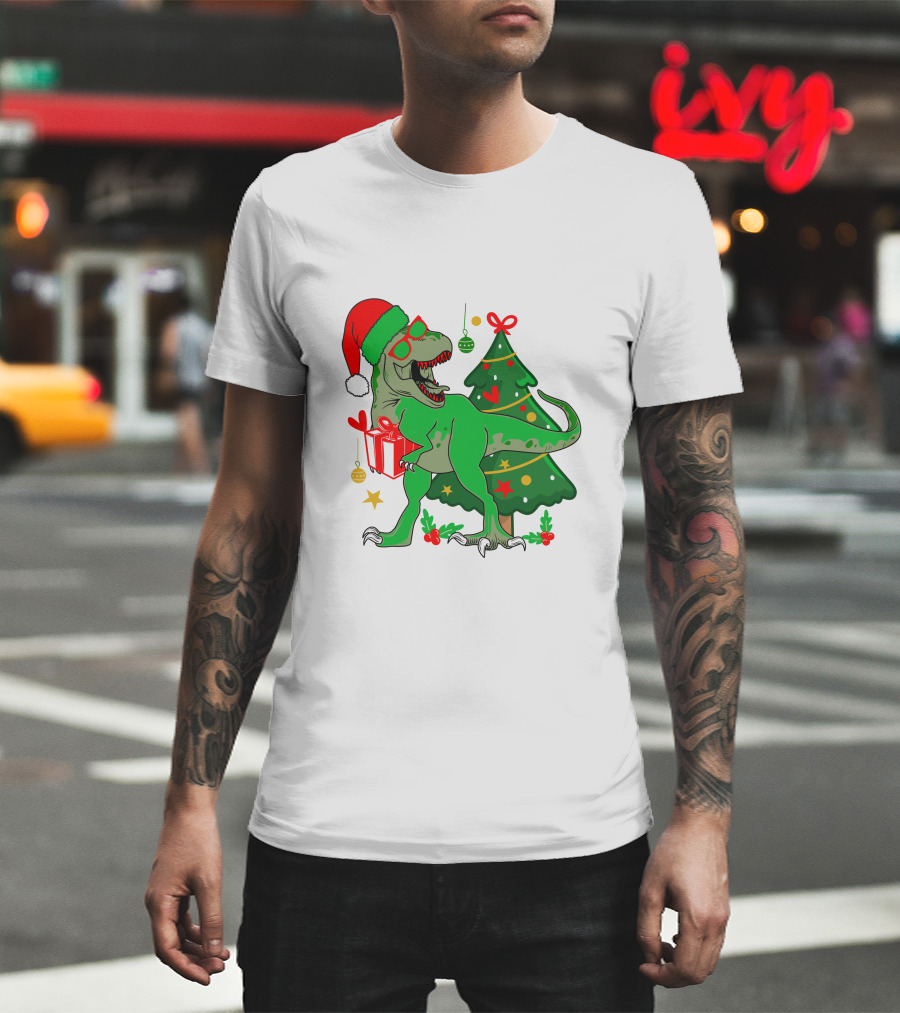 Christmas Dinosaur Santa With Tree And Gift T-Shirt
