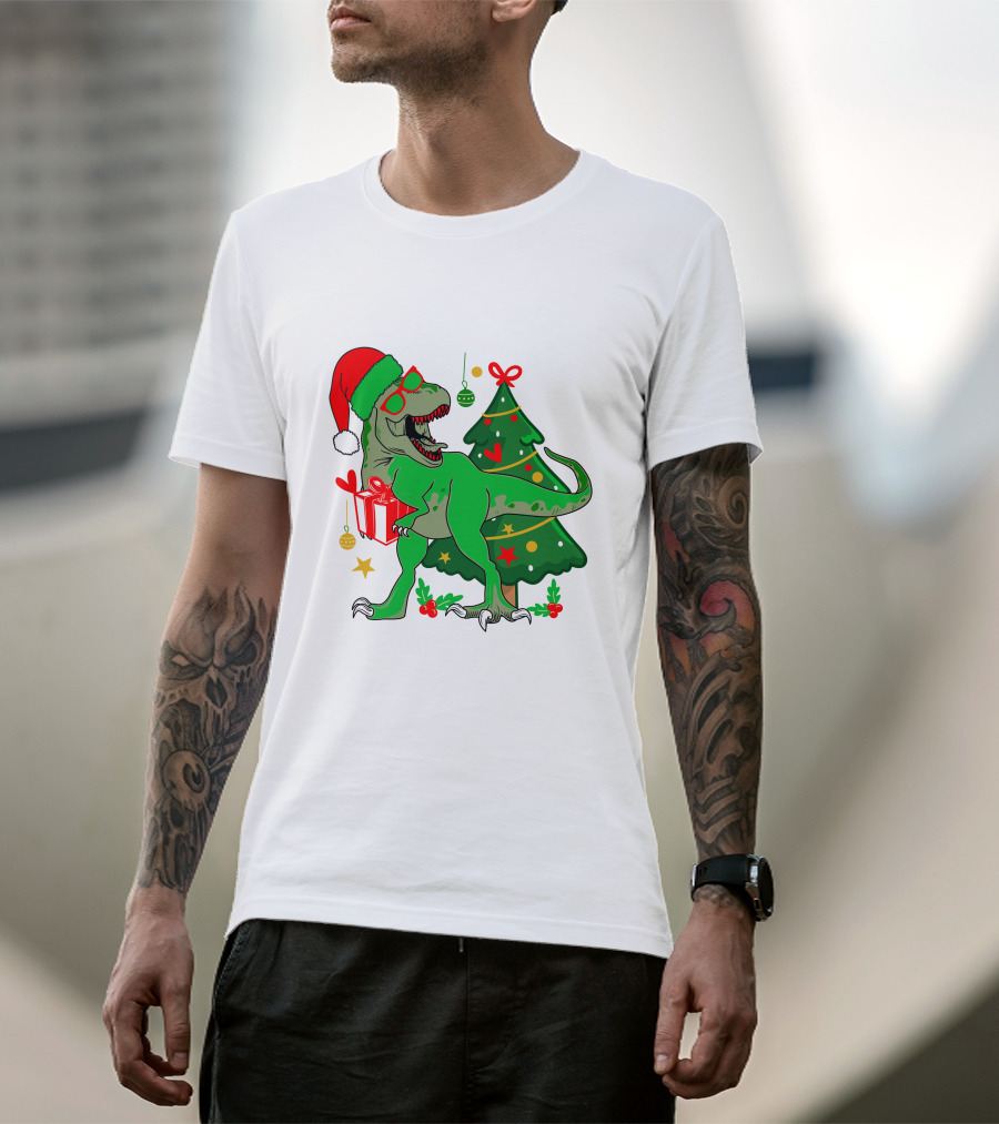 Christmas Dinosaur Santa With Tree And Gift T-Shirt