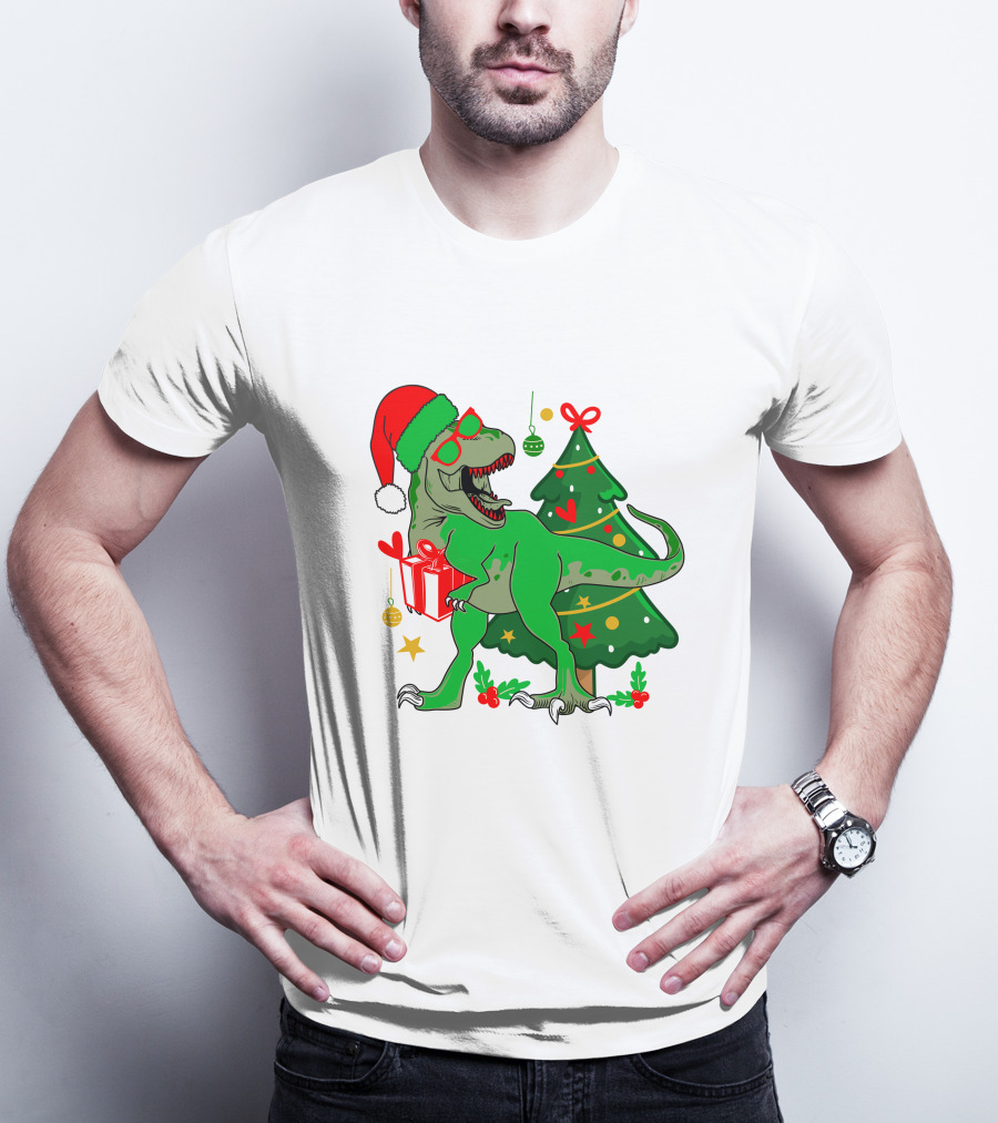 Christmas Dinosaur Santa With Tree And Gift T-Shirt