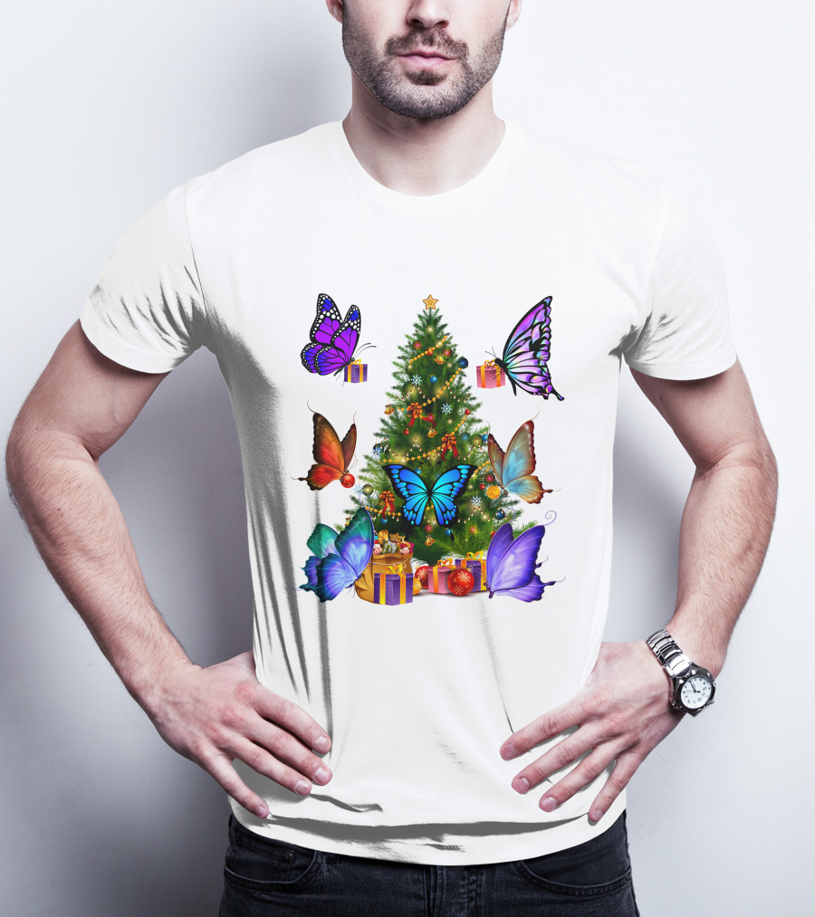 Butterfly Christmas Tree With Colorful Presents And Butterflies T-Shirt
