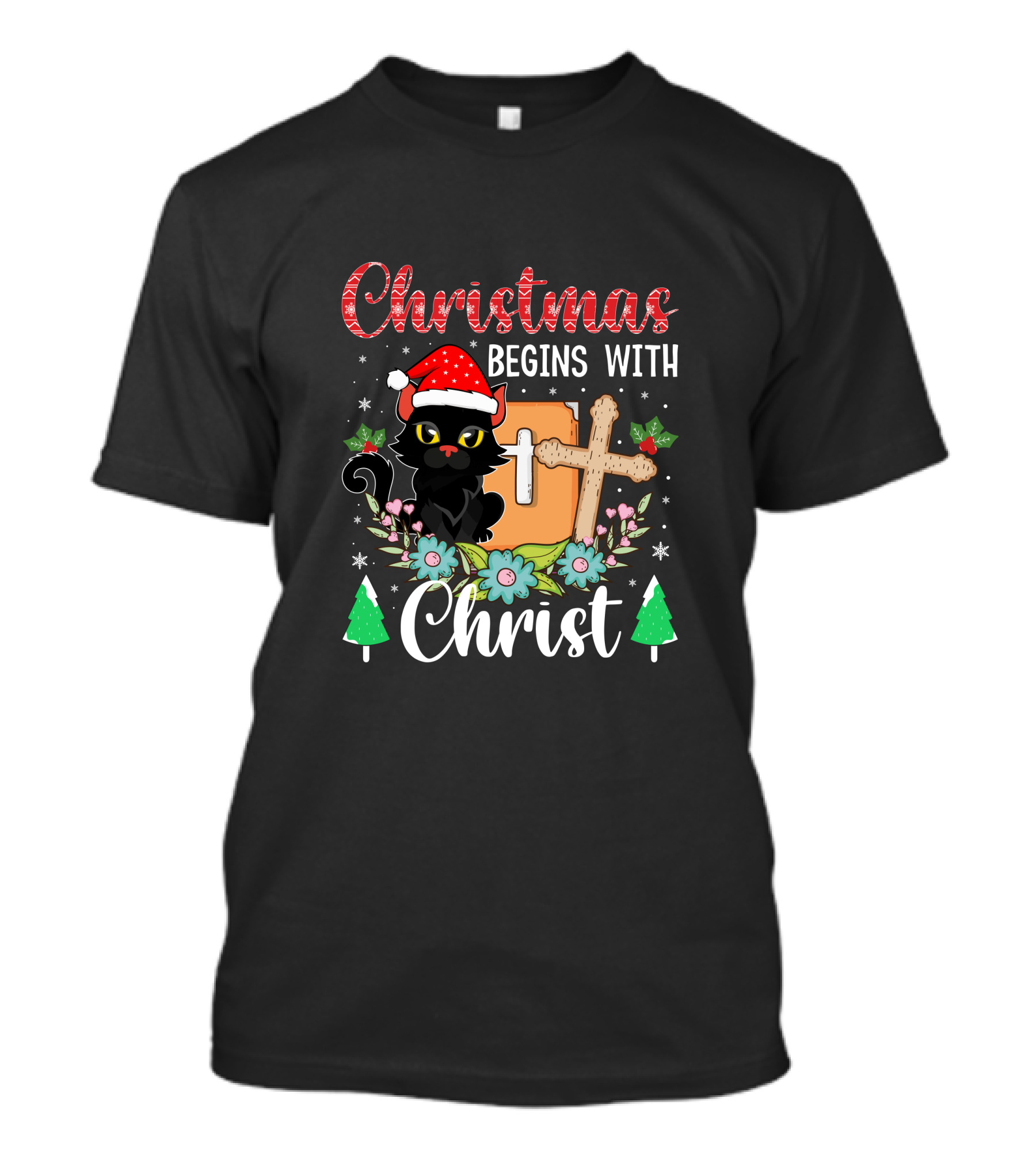 Christmas Begins With Christ Cat Santa Hat Cross Flowers T-Shirt