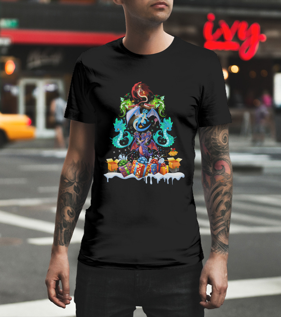 Christmas Dragon Family With Gift Boxes And Snowy Scene T-Shirt