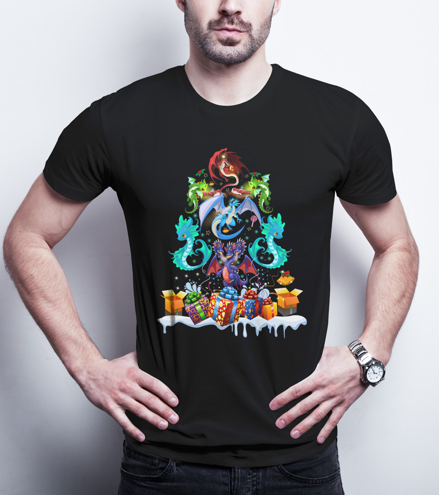 Christmas Dragon Family With Gift Boxes And Snowy Scene T-Shirt