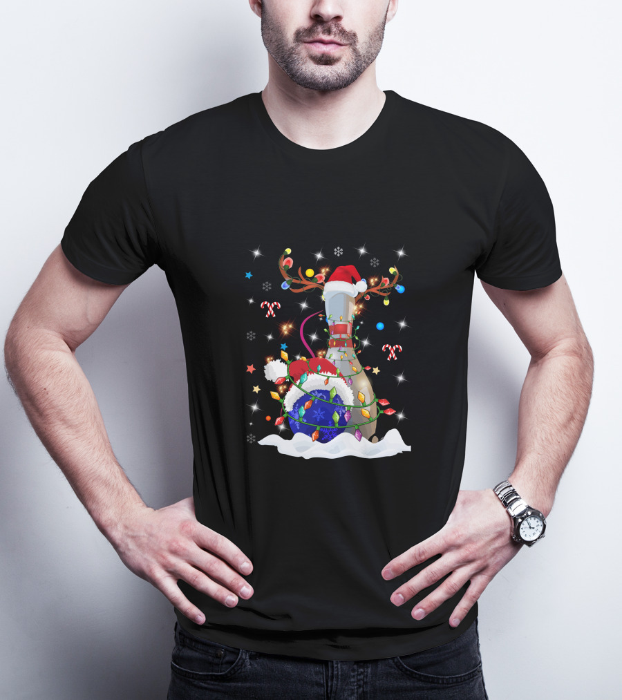 Christmas Bowling Pin With Lights And Santa Hats T-Shirt