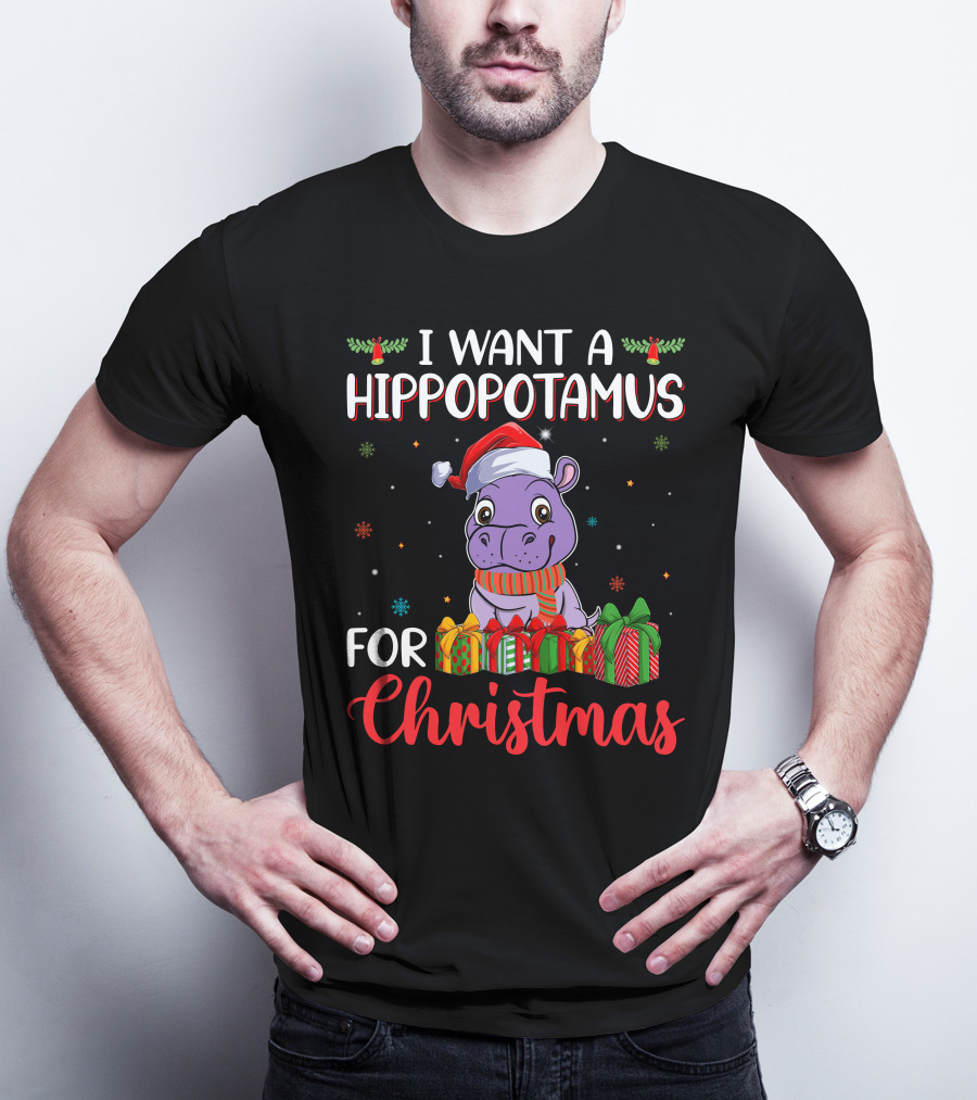 I Want A Hippopotamus For Christmas Santa Hat Present Boxes T-Shirt