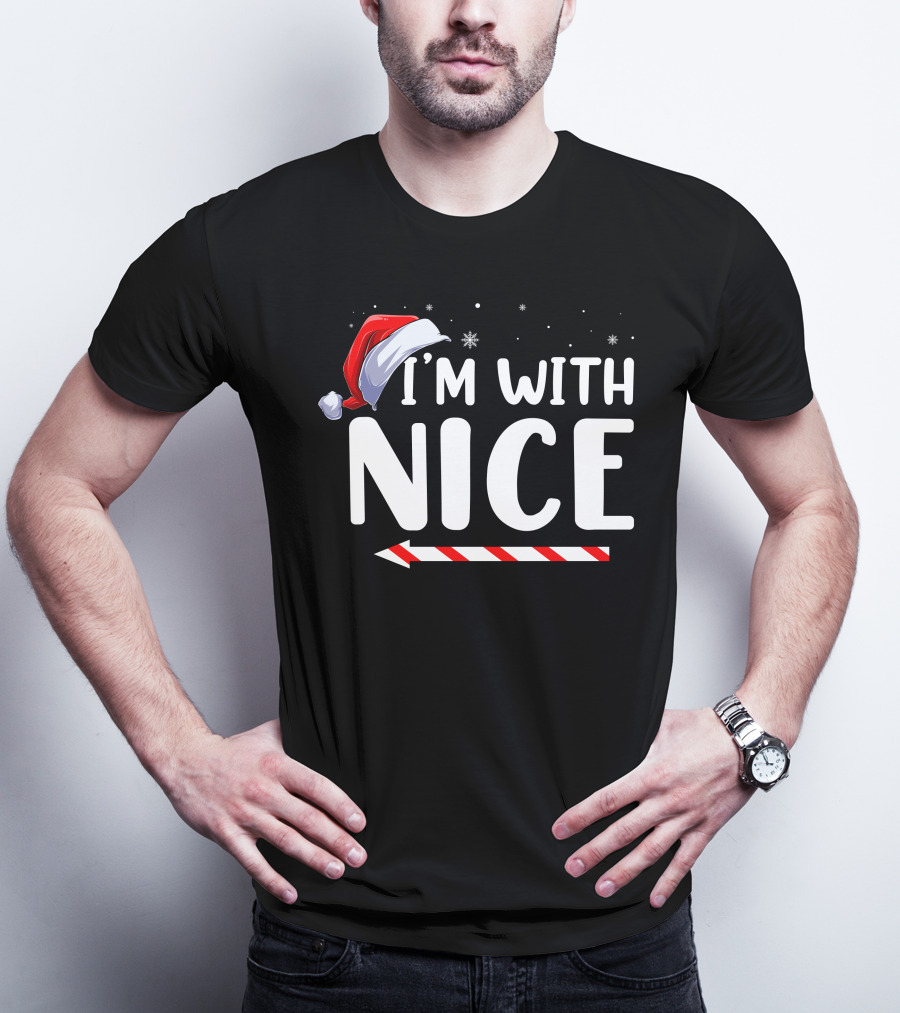 I'm With Nice Christmas Santa Hat Candy Cane Arrow T-Shirt