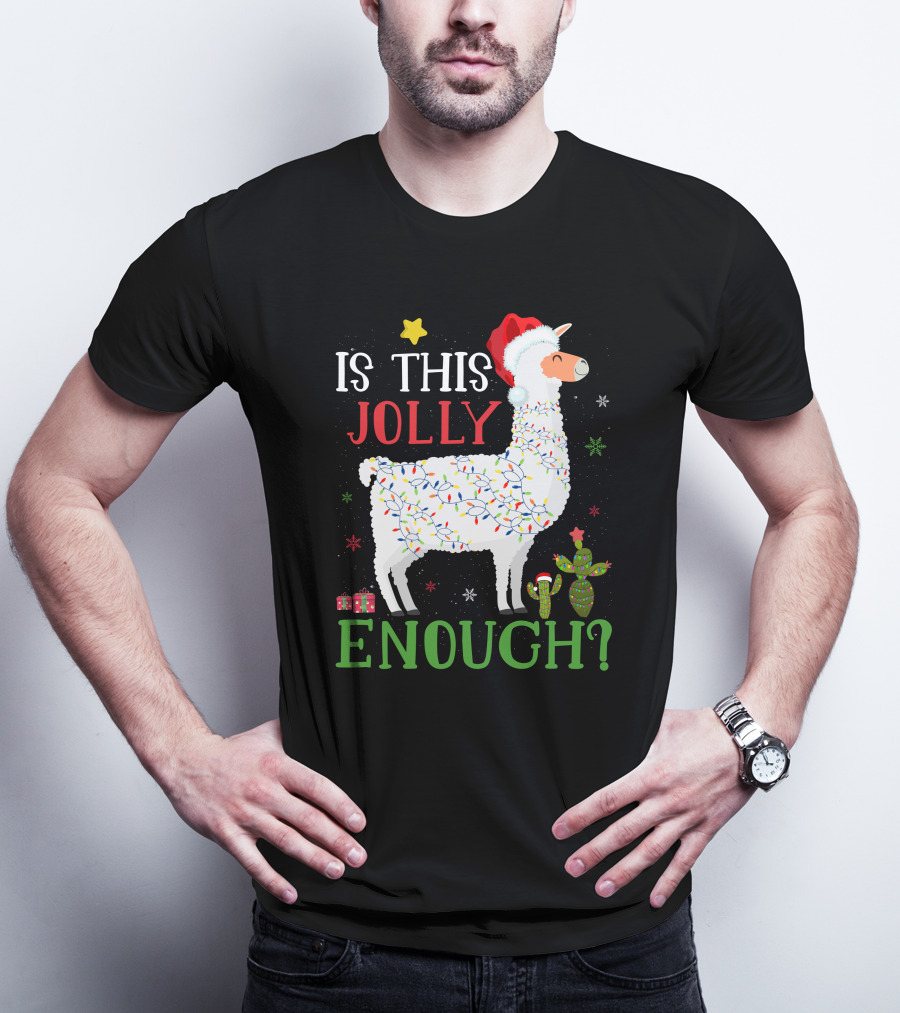 Is This Jolly Enough Christmas Lights Llama Santa Hat T-Shirt