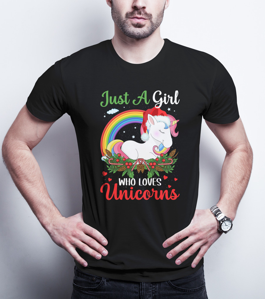 Just A Girl Who Loves Unicorns Rainbow Christmas Santa Hat T-Shirt