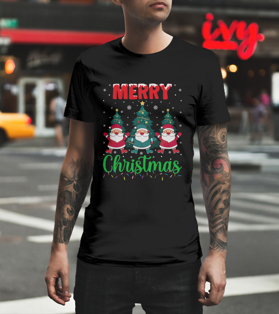 Merry Christmas Santa Gnome Snowflakes Trees Stars Lights T-Shirt