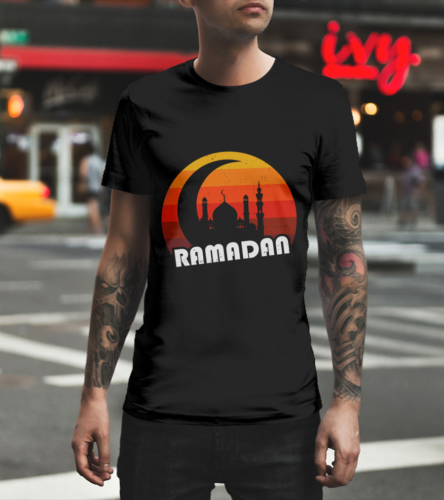 Ramadan Mosque Silhouette Crescent Moon Sunset Background T-Shirt