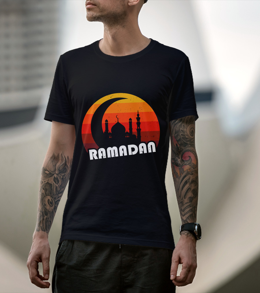 Ramadan Mosque Silhouette Crescent Moon Sunset Background T-Shirt