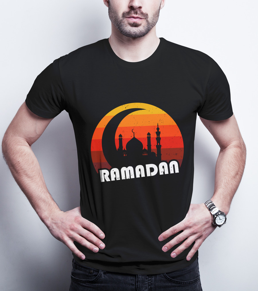 Ramadan Mosque Silhouette Crescent Moon Sunset Background T-Shirt