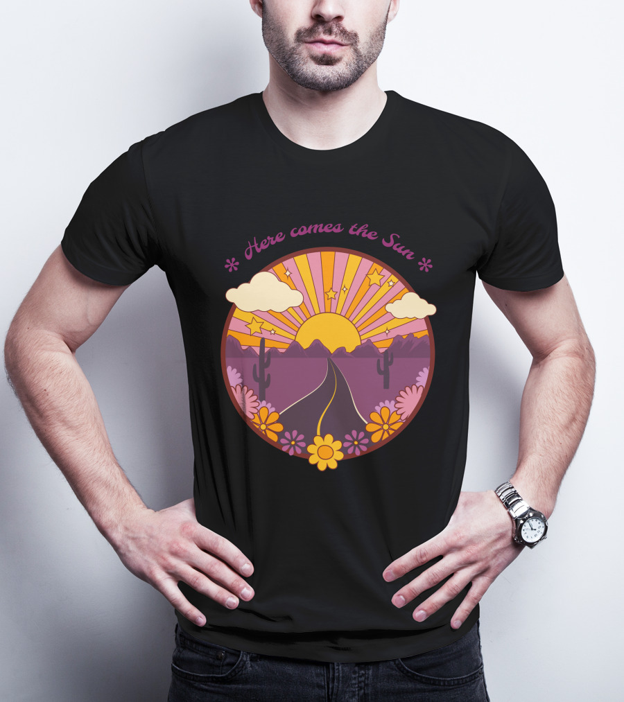 Here Comes The Sun Groovy Sunburst Desert Road With Flowers And Stars T-Shirt