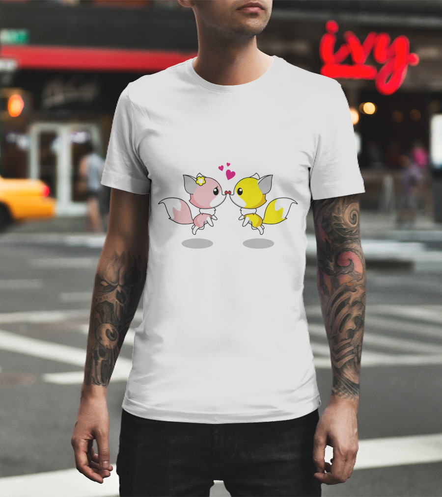 Cute Foxes In Love Kissing Hearts Blossom Yellow Pink Foxes T-Shirt