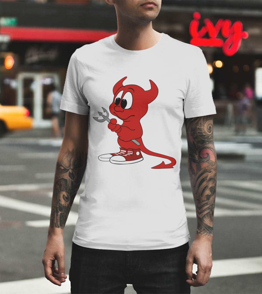 Devil In Sneakers Holding Pitch Fork Cartoon T-Shirt