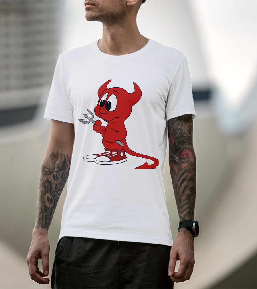 Devil In Sneakers Holding Pitch Fork Cartoon T-Shirt