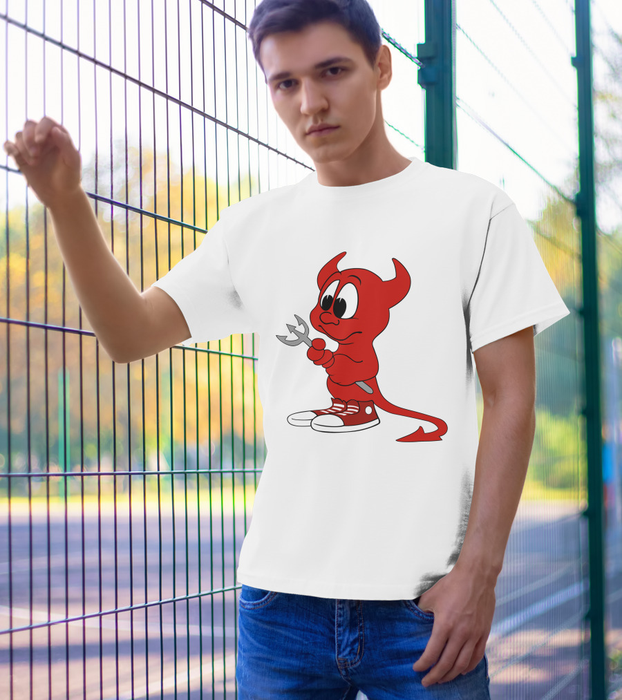Devil In Sneakers Holding Pitch Fork Cartoon T-Shirt