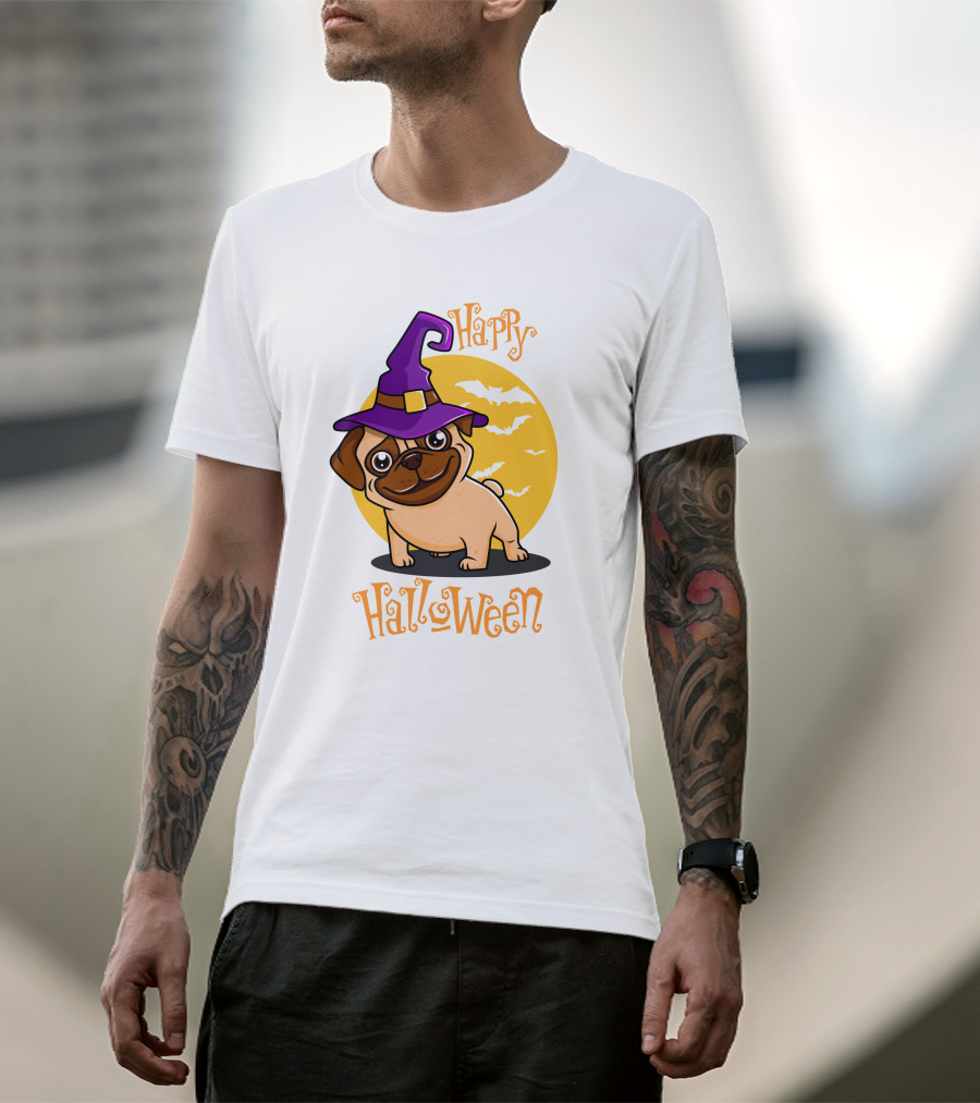 Happy Halloween Dog Witch Hat Full Moon Bats T-Shirt