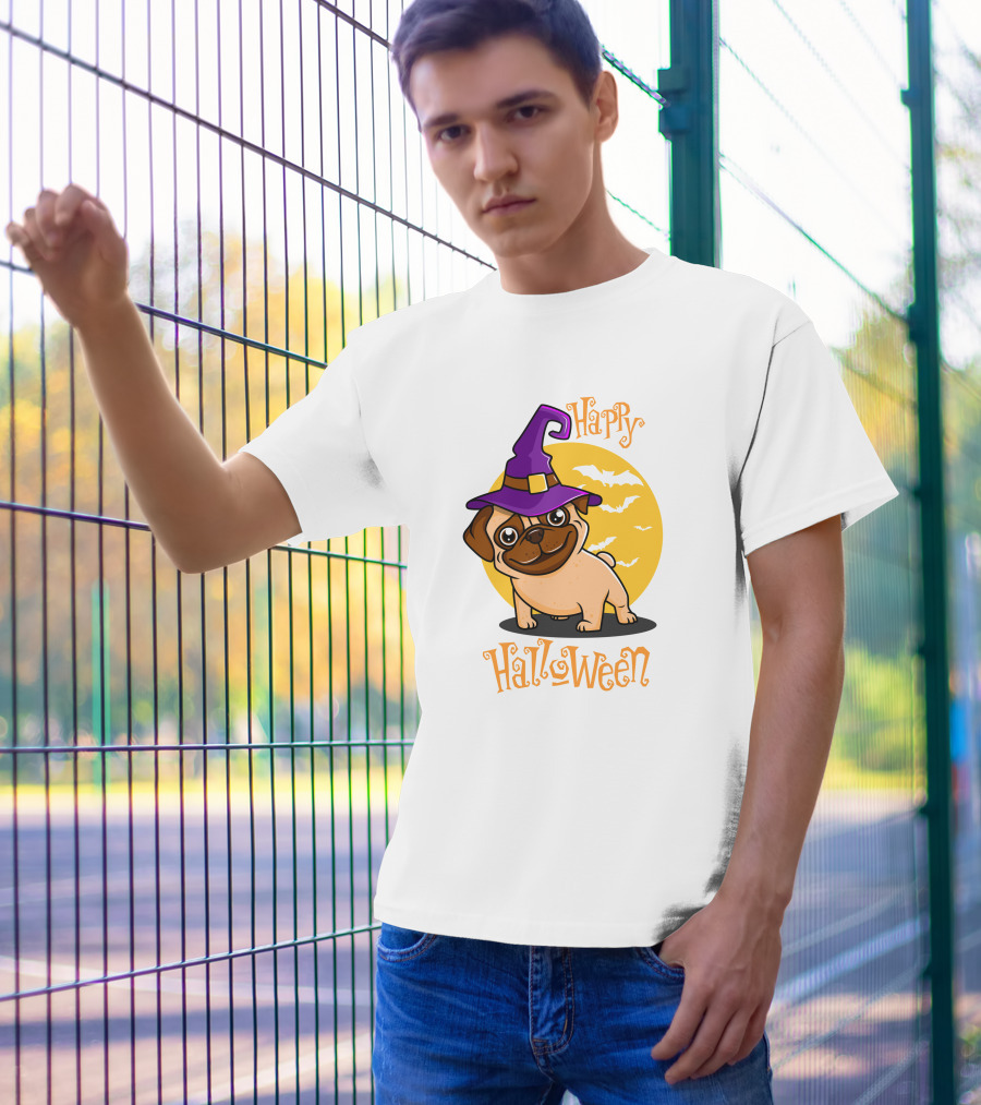 Happy Halloween Dog Witch Hat Full Moon Bats T-Shirt