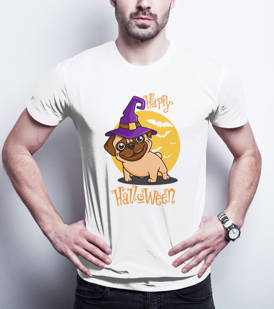 Happy Halloween Dog Witch Hat Full Moon Bats T-Shirt