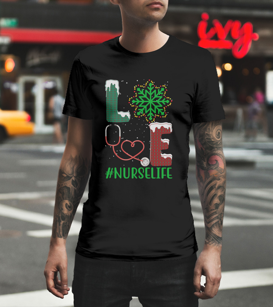 Love Christmas Snowflake Stethoscope #NURSELIFE T-Shirt