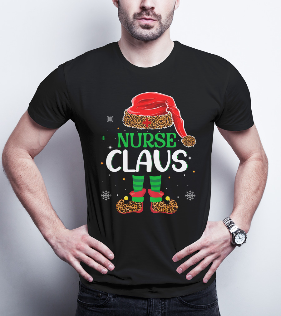 Nurse Claus Christmas Santa Hat Leopard Print Snowflakes T-Shirt