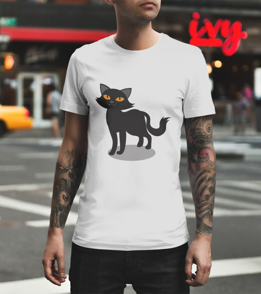 Cartoon Black Cat Illustration With Orange Eyes And Shadow T-Shirt