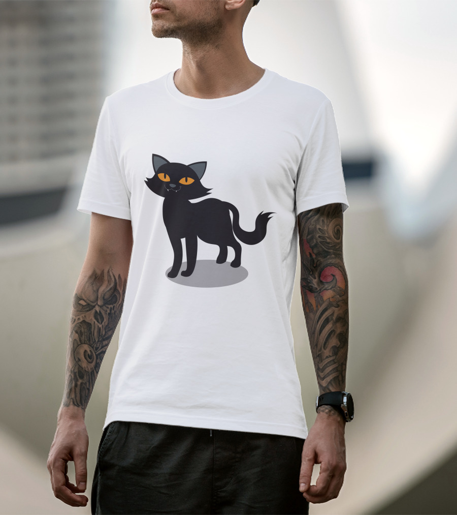 Cartoon Black Cat Illustration With Orange Eyes And Shadow T-Shirt