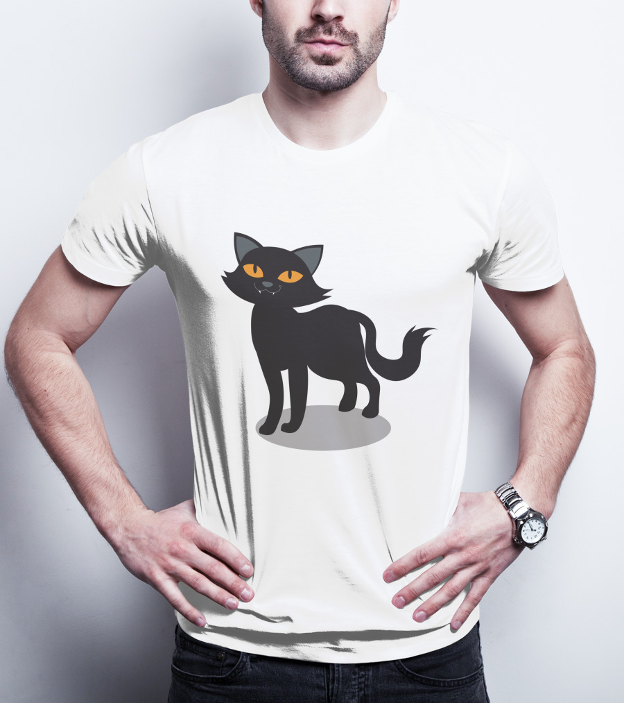 Cartoon Black Cat Illustration With Orange Eyes And Shadow T-Shirt