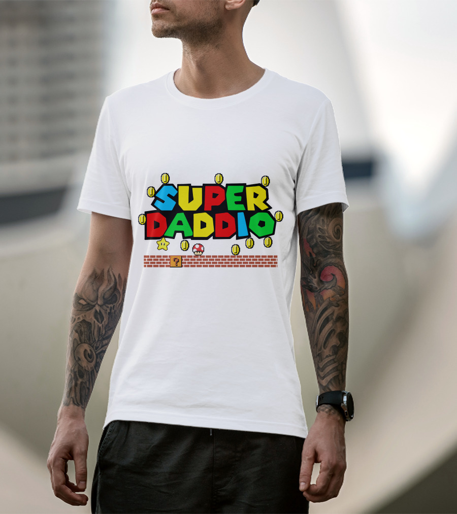 Fathers Day Super Daddio Nintendo Mario Parody Coins Bricks Star T-Shirt