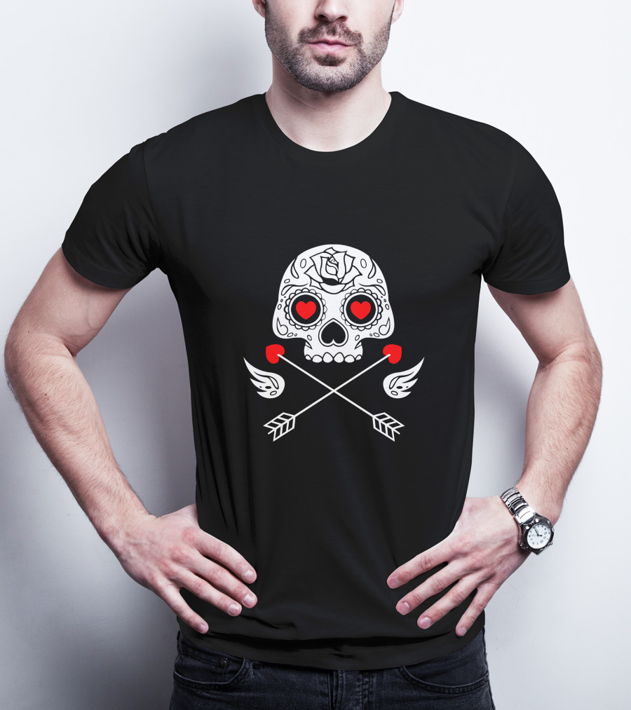 Cupido Valentines Day Sugar Skull With Hearts And Arrows T-Shirt
