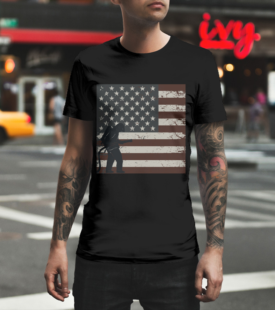Fireman Silhouette Distressed American Flag T-Shirt