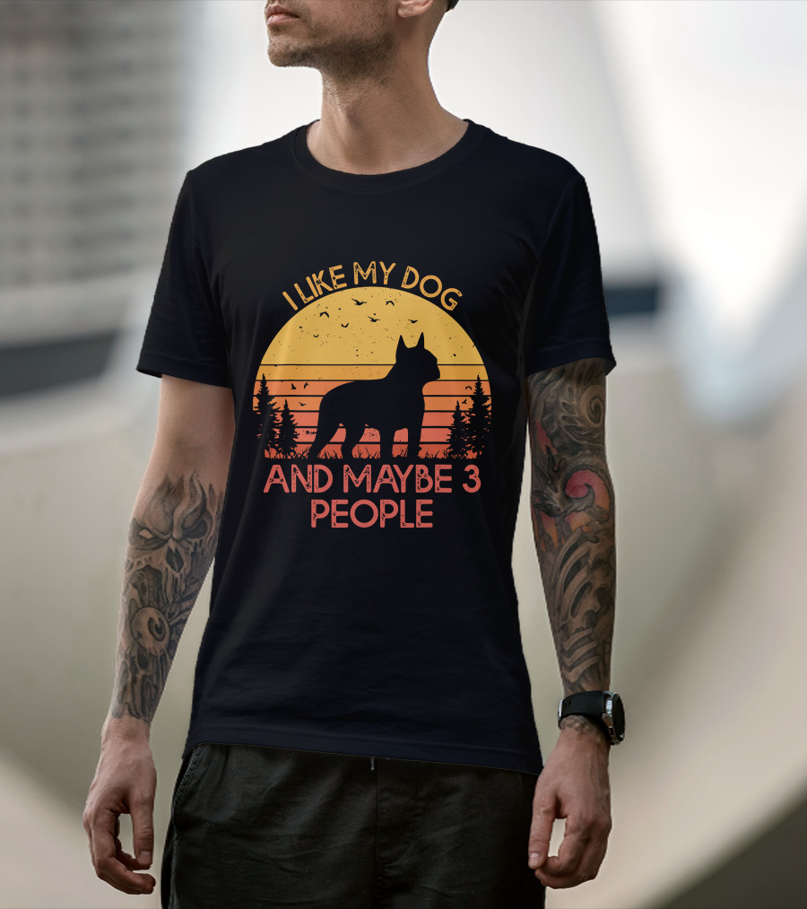 I Like My Dog And Maybe 3 People Sunset Silhouette With Trees And Birds T-Shirt