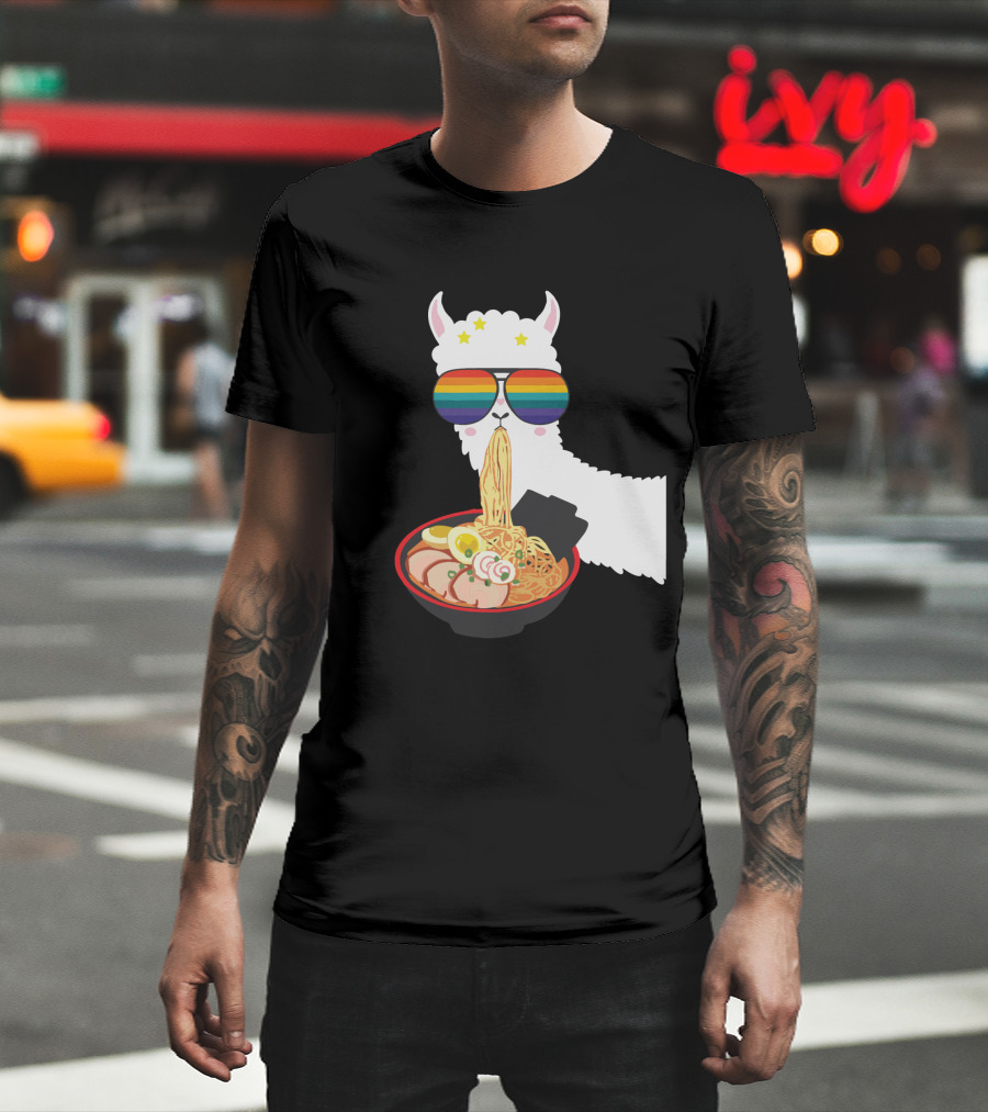 Rainbow Sunglasses LLama Eating Ramen Japanese Anime T-Shirt