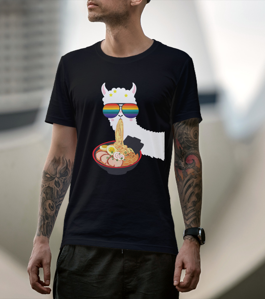 Rainbow Sunglasses LLama Eating Ramen Japanese Anime T-Shirt
