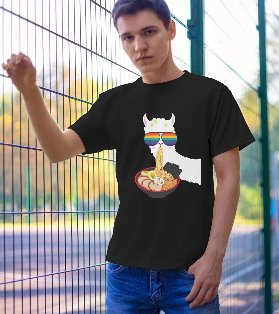 Rainbow Sunglasses LLama Eating Ramen Japanese Anime T-Shirt