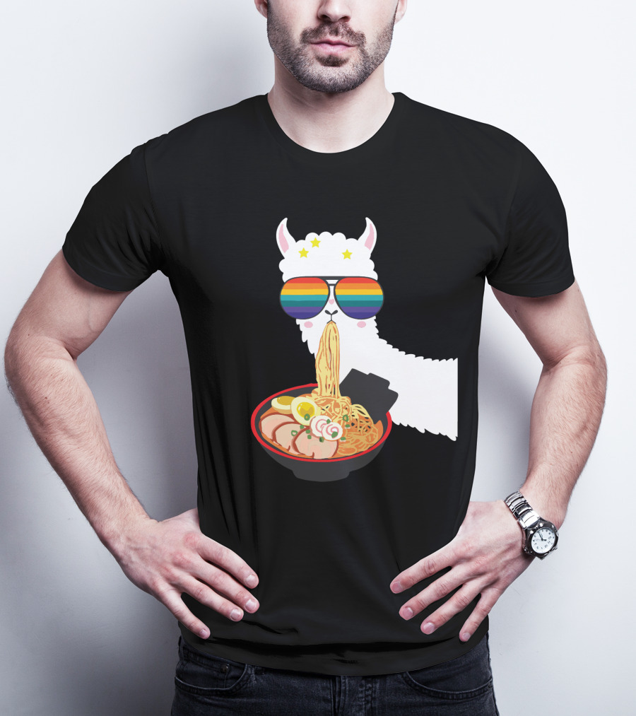 Rainbow Sunglasses LLama Eating Ramen Japanese Anime T-Shirt