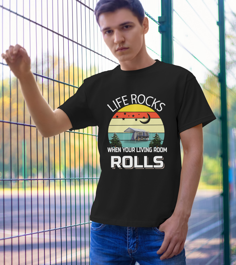 LIFE ROCKS WHEN YOUR LIVING ROOM ROLLS Camping Tent Trees Vintage Retro Moon Stars T-Shirt