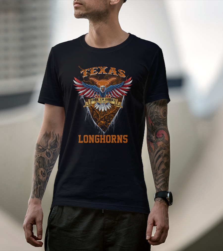 Texas Longhorns Hook 'Em Horns Est. 1883 Eagle Shield T-Shirt